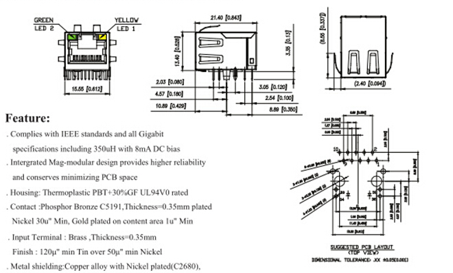 10 / 100 / 1000 Base - T RJ45 Jack Integrated Magnetic Connector Modules