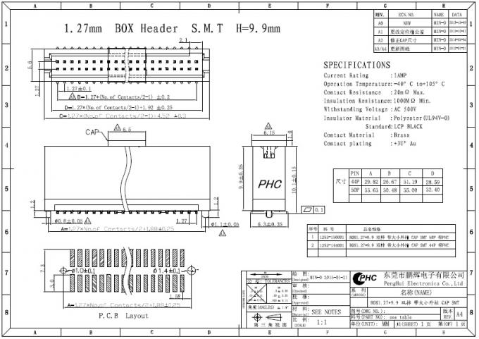 Double Low 44-60 Pins , 10 Pin Header SMT Female Pin Headers With Cap ...