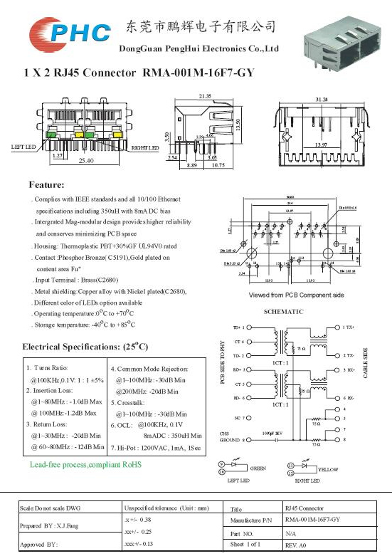 RJ45 Female Jack RJ45 1x2 Port PCB Connector Modules With Shield