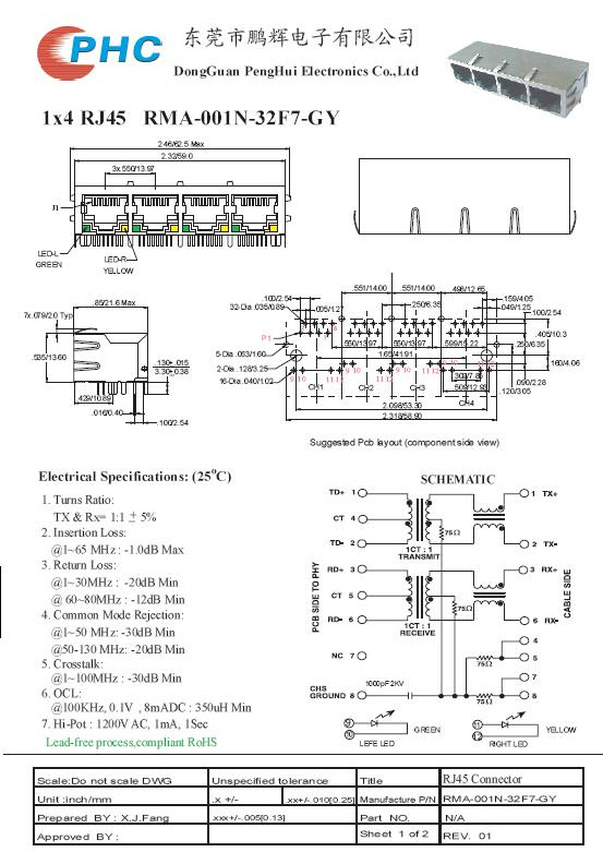 RMA-001N-32F7-GY 1*4port 10 / 100M POE RJ45 Female connector with LED ...