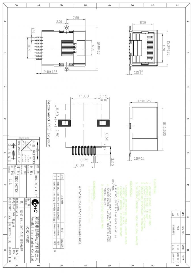1x1 Ethernet Molex RJ45 Modular Jack 18.1L Black Horizontal Plastic ...
